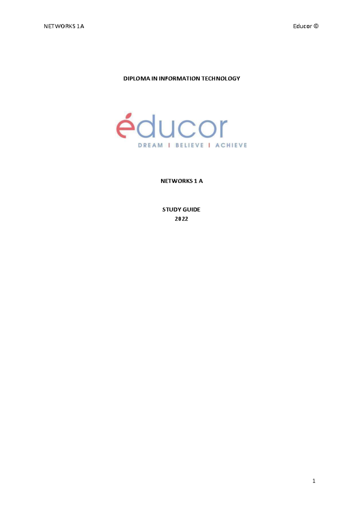 Networks 1A Study Guide 220517 001508 - DIPLOMA IN INFORMATION ...