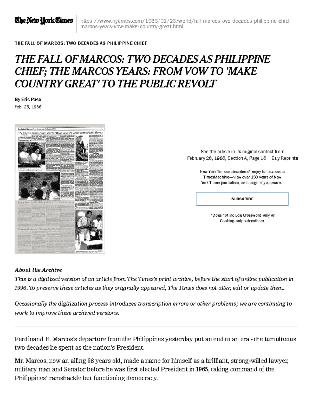 THE FALL OF Marcos - The New York Times - THE FALL OF MARCOS: TWO ...