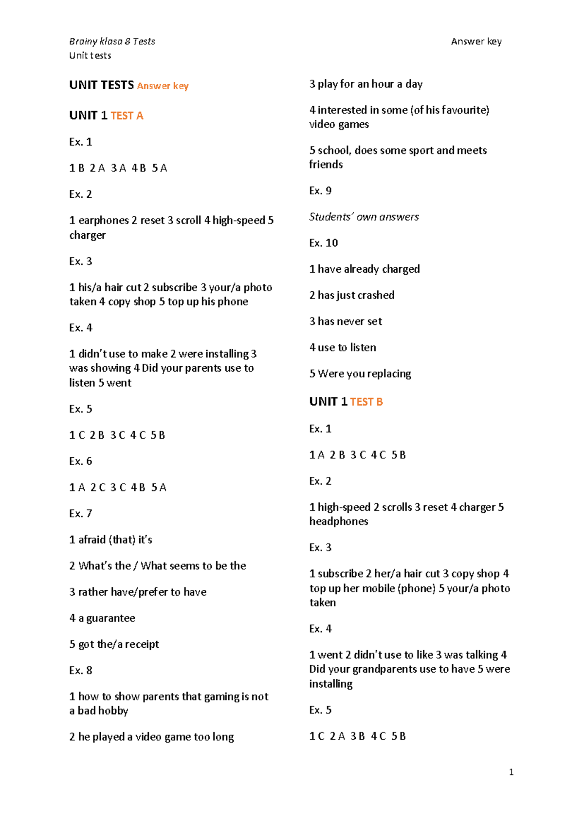 Brainy kl8 Unit Tests Answer key - Unit tests UNIT TESTS Answer key ...