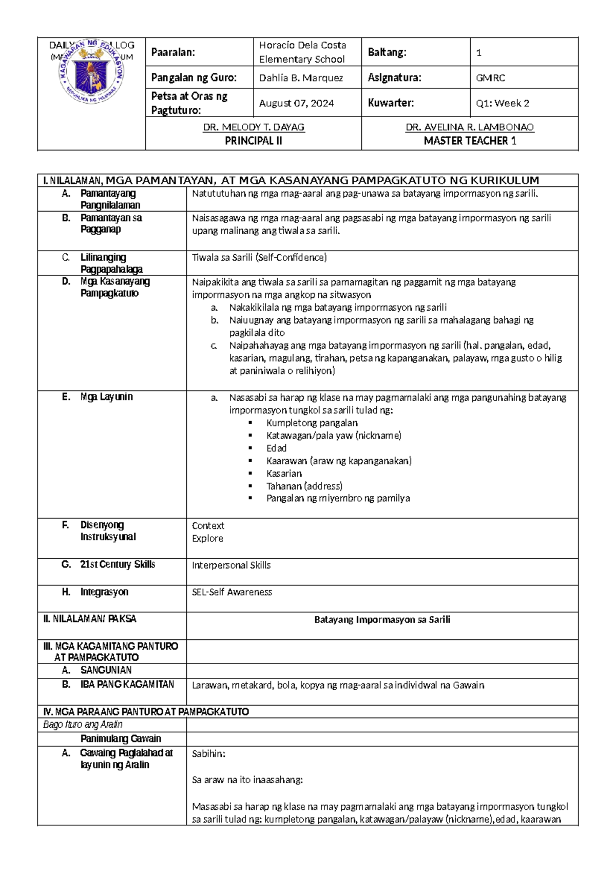 GMRC (08-07) - nonm - DAILY LESSON LOG (MATATAG CURRICULUM GRADE 1 ...