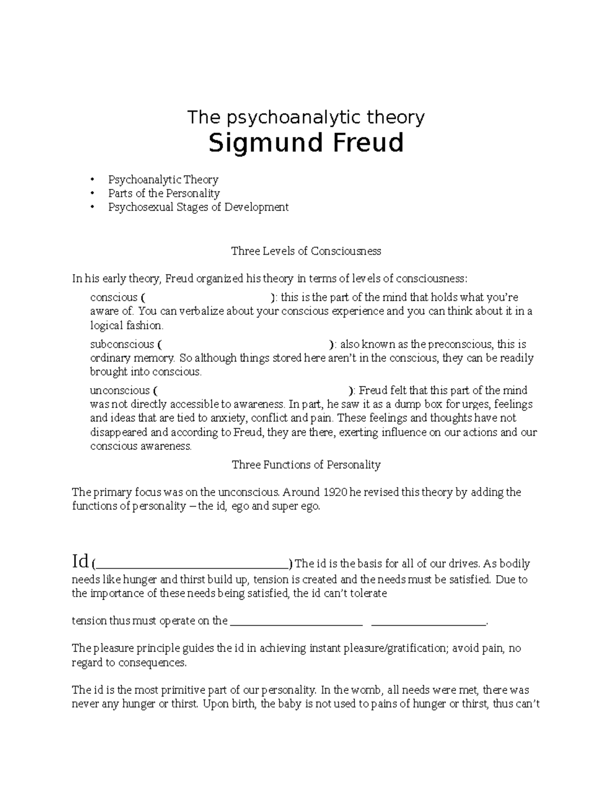 Sigmund Frued Assesment - The psychoanalytic theory Sigmund Freud ...
