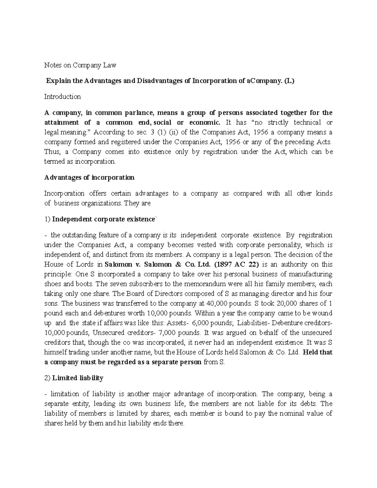 Company law Full Notes - Notes on Company Law - Studocu