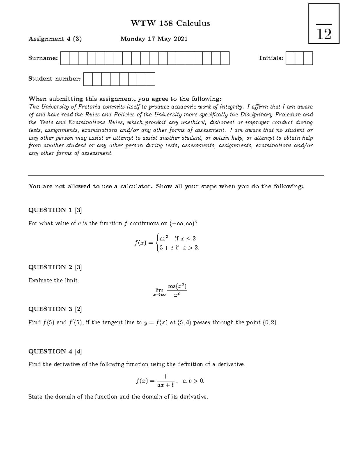 Assignment for Unit 2.4, Unit 2.5, Unit 2.6 and Unit 2.7 - WTW 158 ...