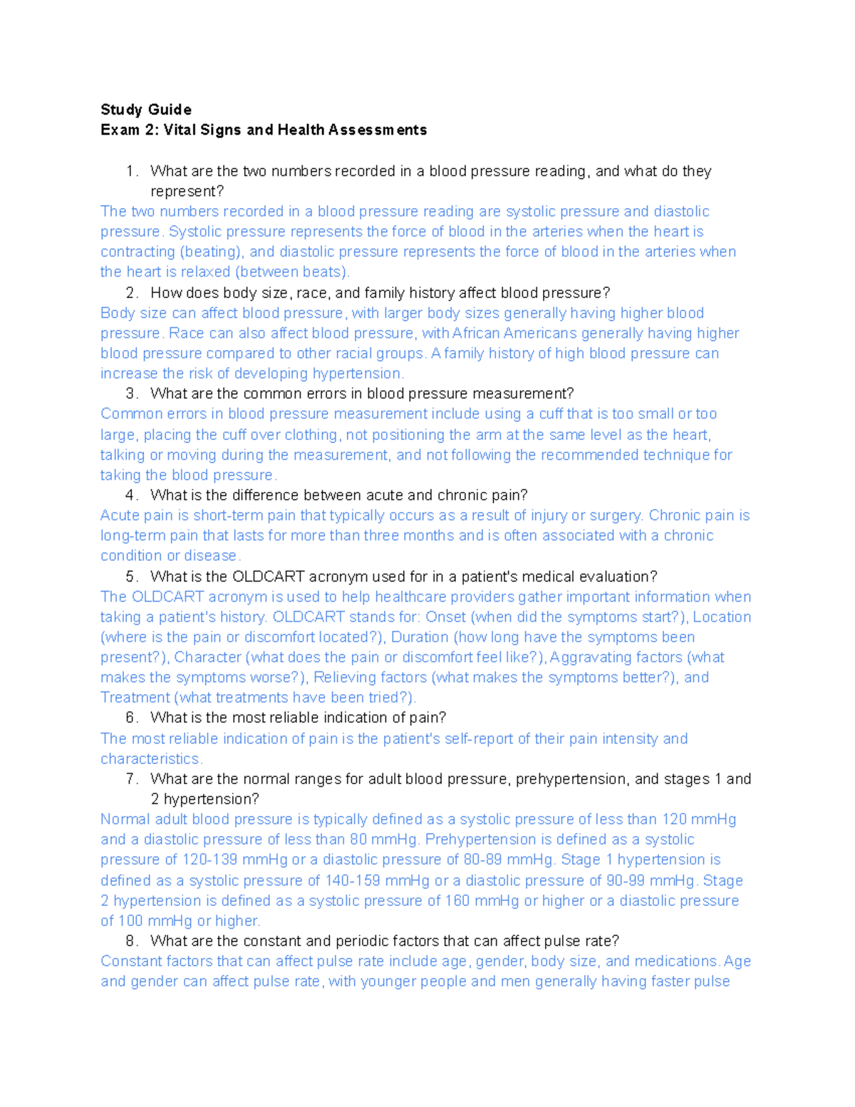 NUR100 Vital Exam 2 Study Guide - Study Guide Exam 2: Vital Signs and ...