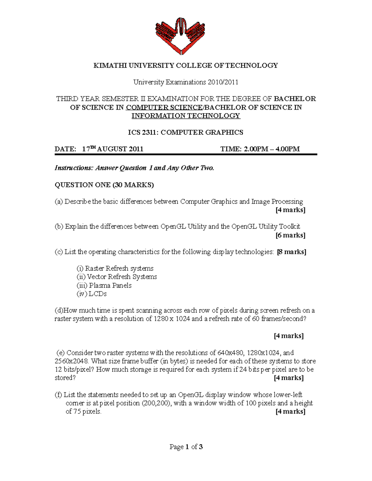 EXAM 17 2011, questions - KIMATHI UNIVERSITY COLLEGE OF TECHNOLOGY ...