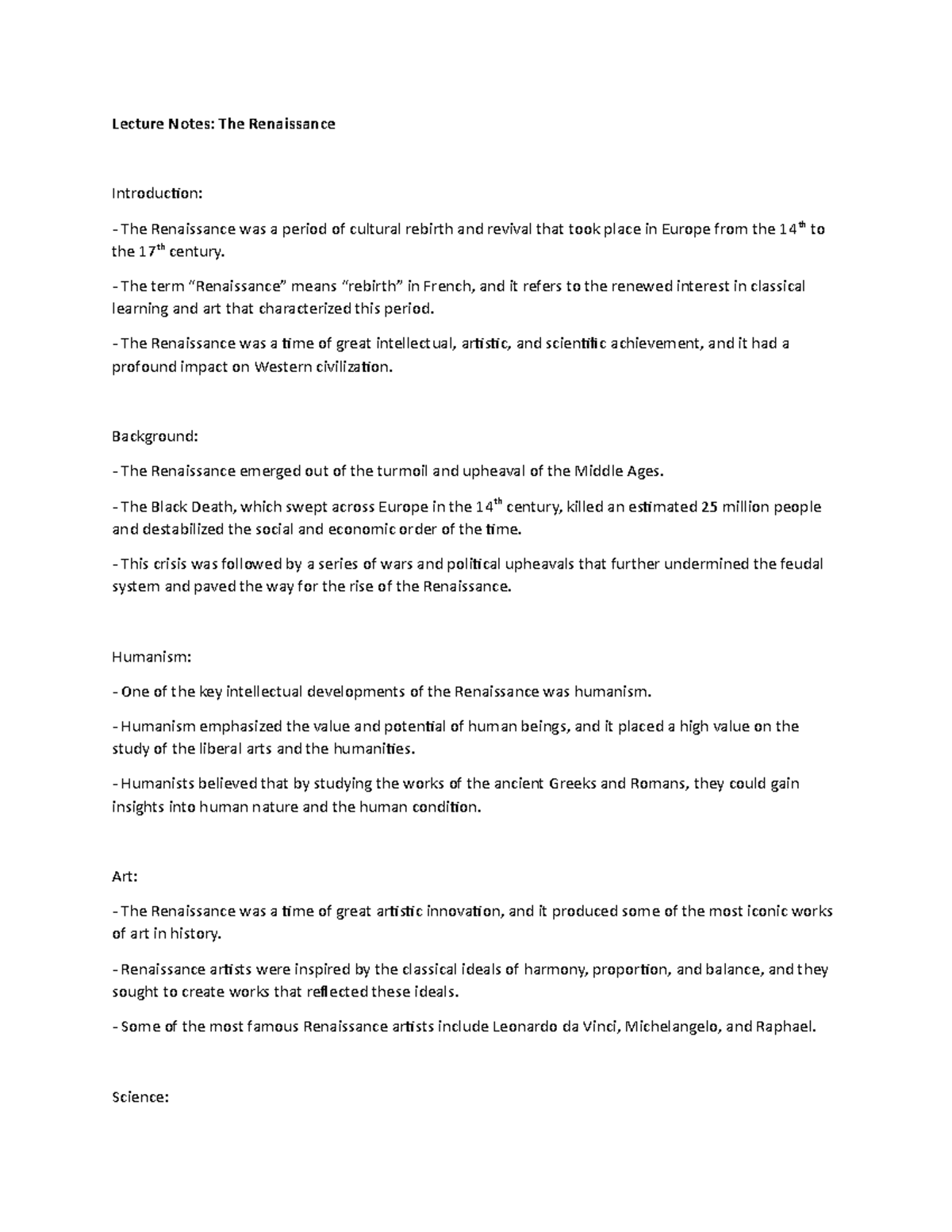 Lecture Notes: The Renaissance - Lecture Notes: The Renaissance ...