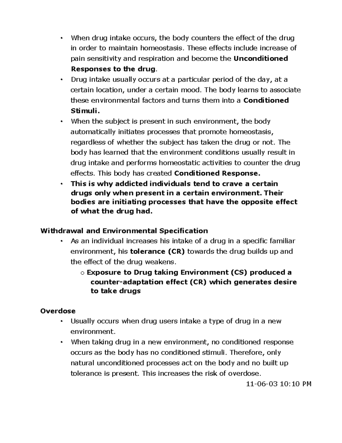 Introduction to psychology final notes-3 - When drug intake occurs, the ...