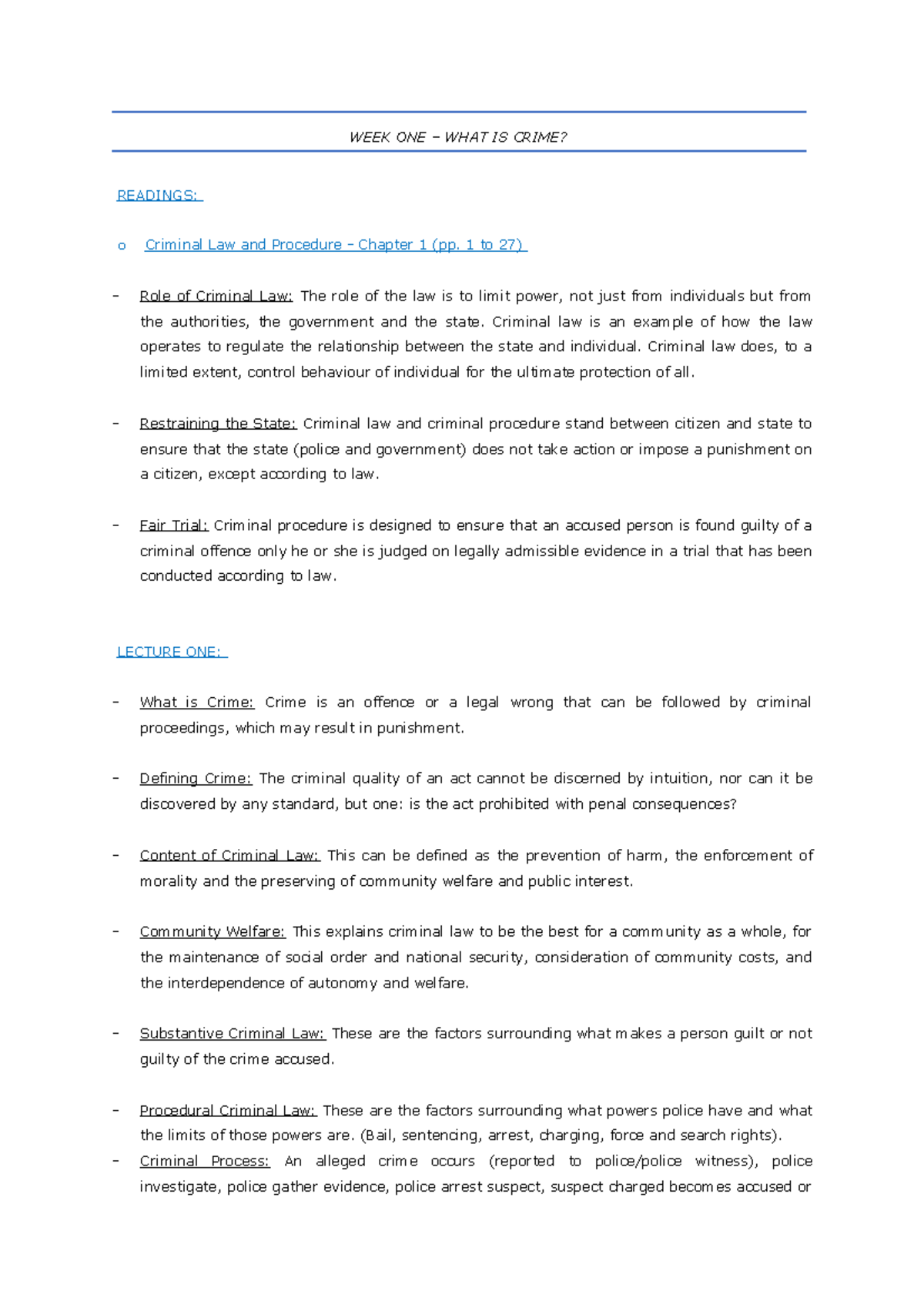 Criminal Justice Notes - WEEK ONE – WHAT IS CRIME? READINGS: o Criminal ...