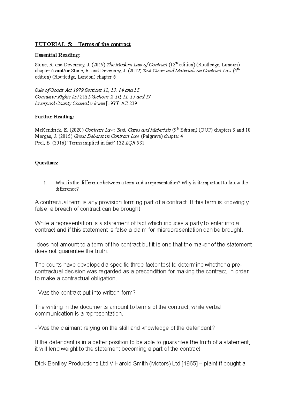 Contract tutorial 5 Q&A - TUTORIAL 5: Terms of the contract Essential Reading: Stone, R. and ...