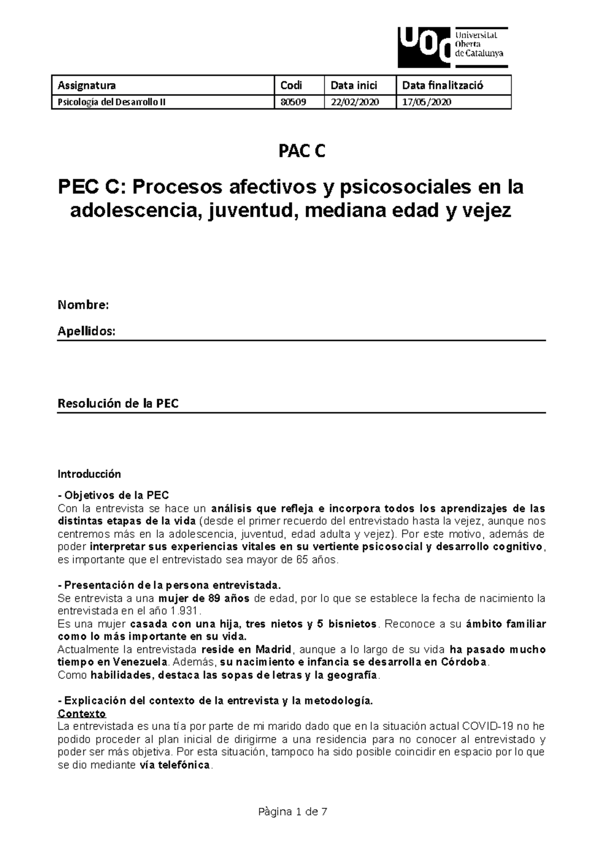 PEC C Completa - ccc - Psicología del Desarrollo II 80509 22/02/2020 17/05/ PAC C PEC C ...