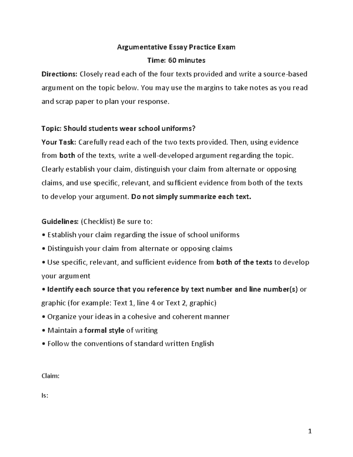 Argumentative Essay Practice Test - Argumentative Essay Practice Exam ...