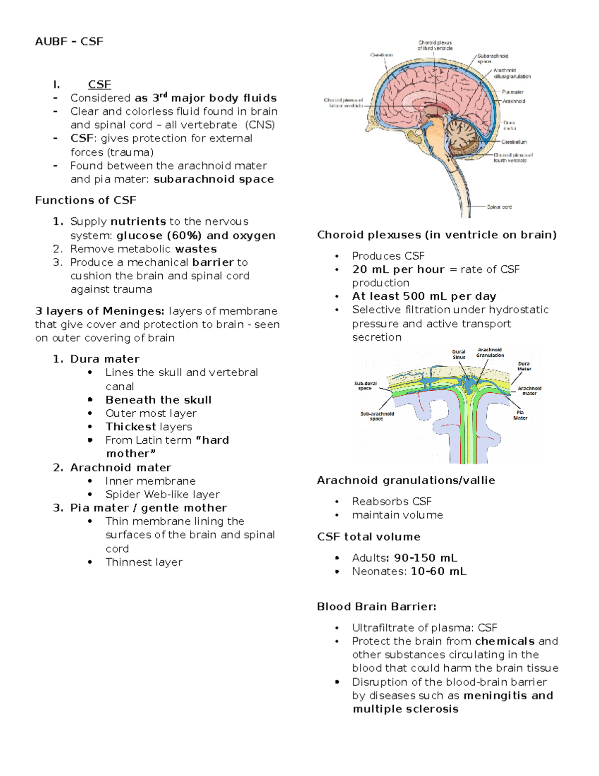 AUBF- CSF and Renal diseases - AUBF – CSF I. CSF Considered as 3rd major body fluids Clear and ...