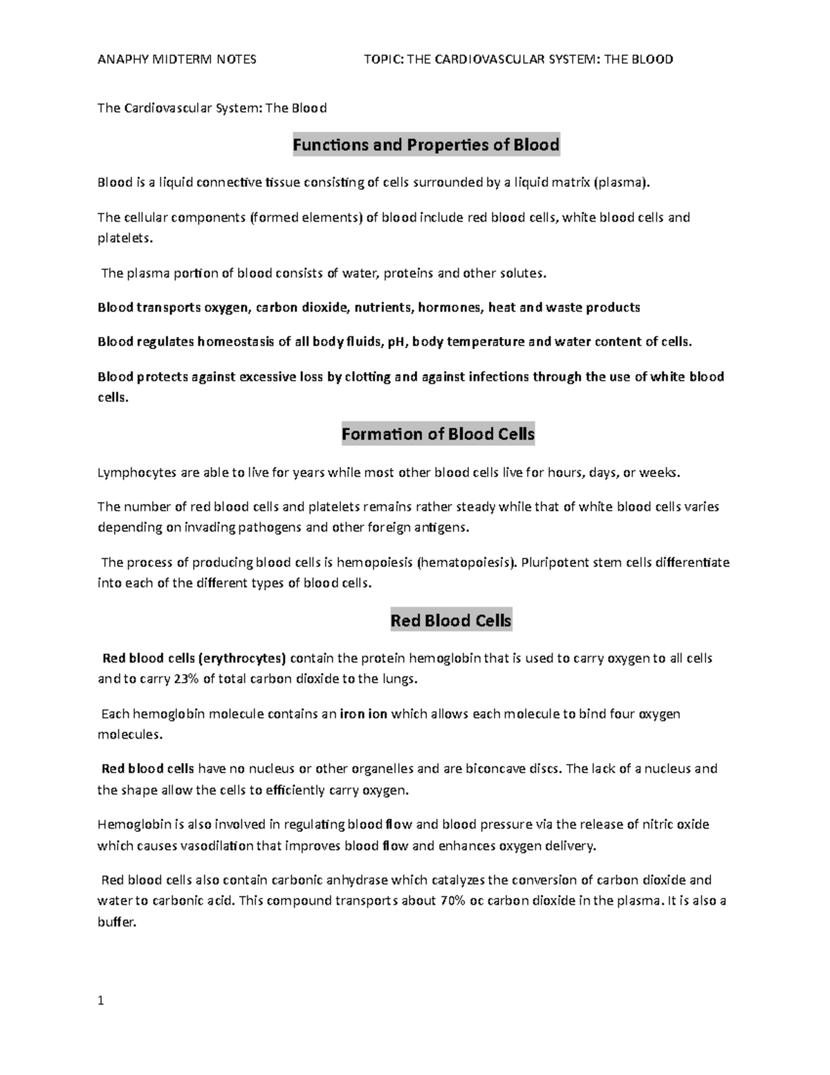 Anaphy Midterm Notes (THE Blood Summary) - The Cardiovascular System ...