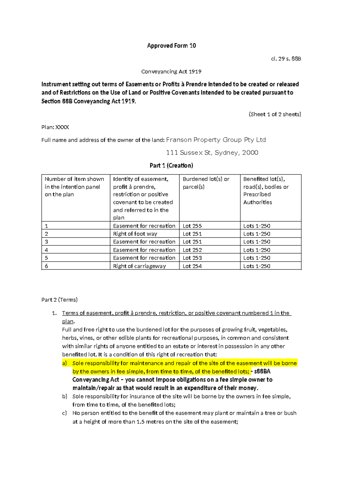 S88B instrument easment tutorial problem - Approved Form 10 cl. 29 s ...