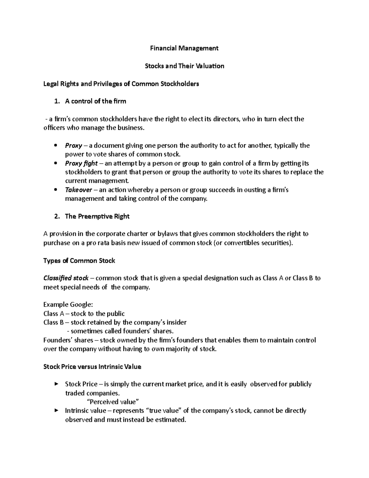 Stocks and Their Valuation - Financial Management Stocks and Their ...