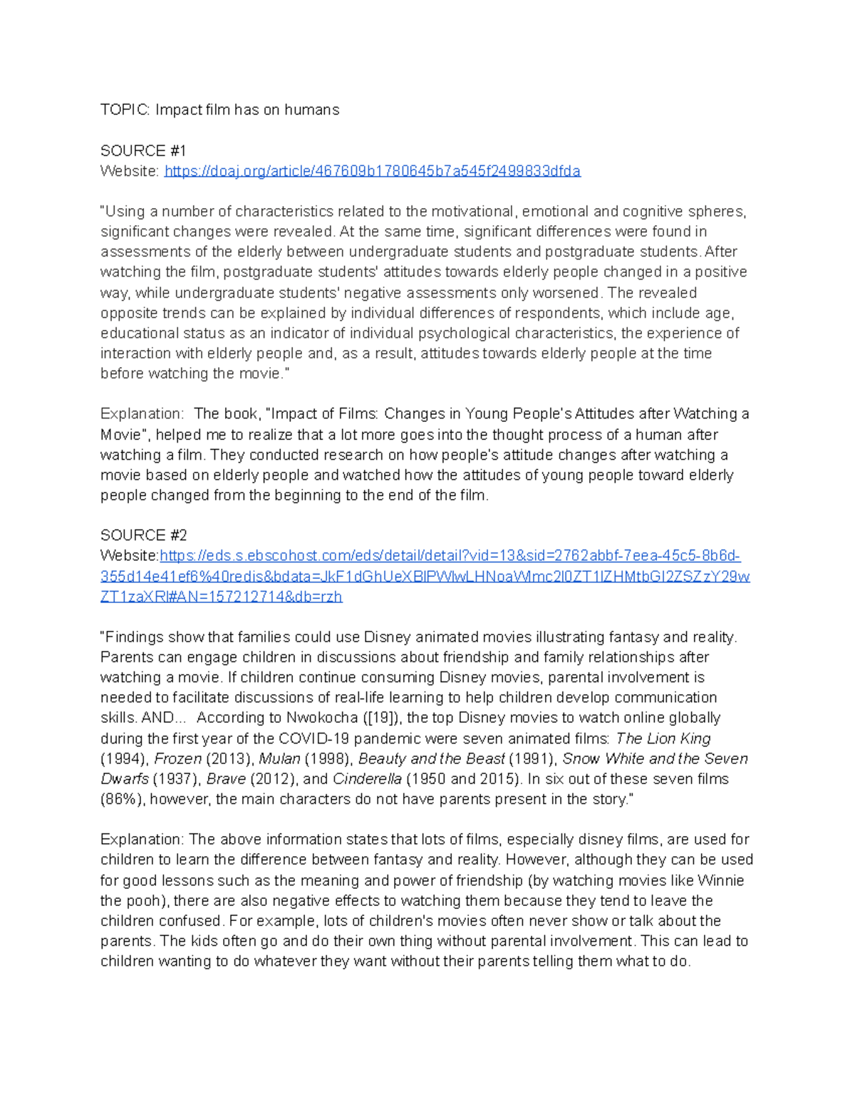 English paper research - TOPIC: Impact film has on humans SOURCE ...