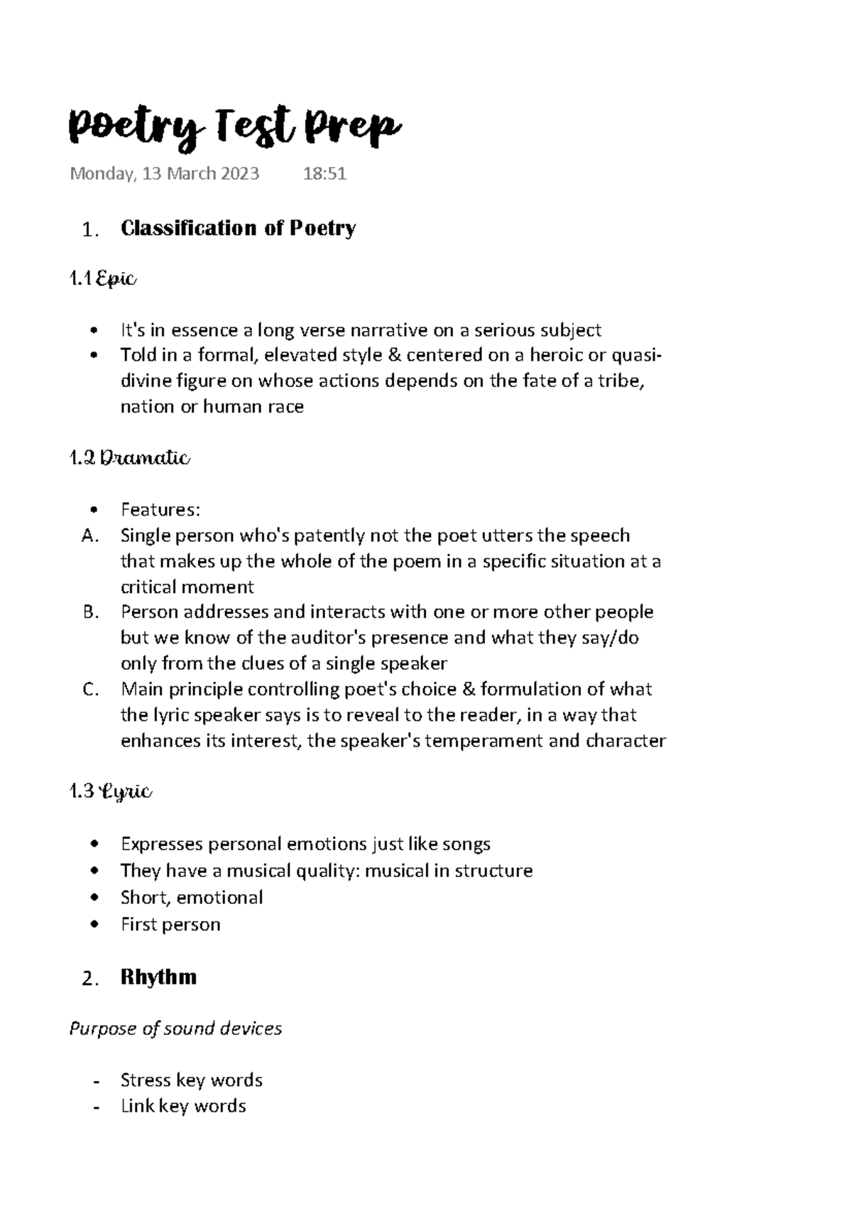 Poetry Test Prep - 1. Classification of Poetry 1 Epic It's in essence a ...