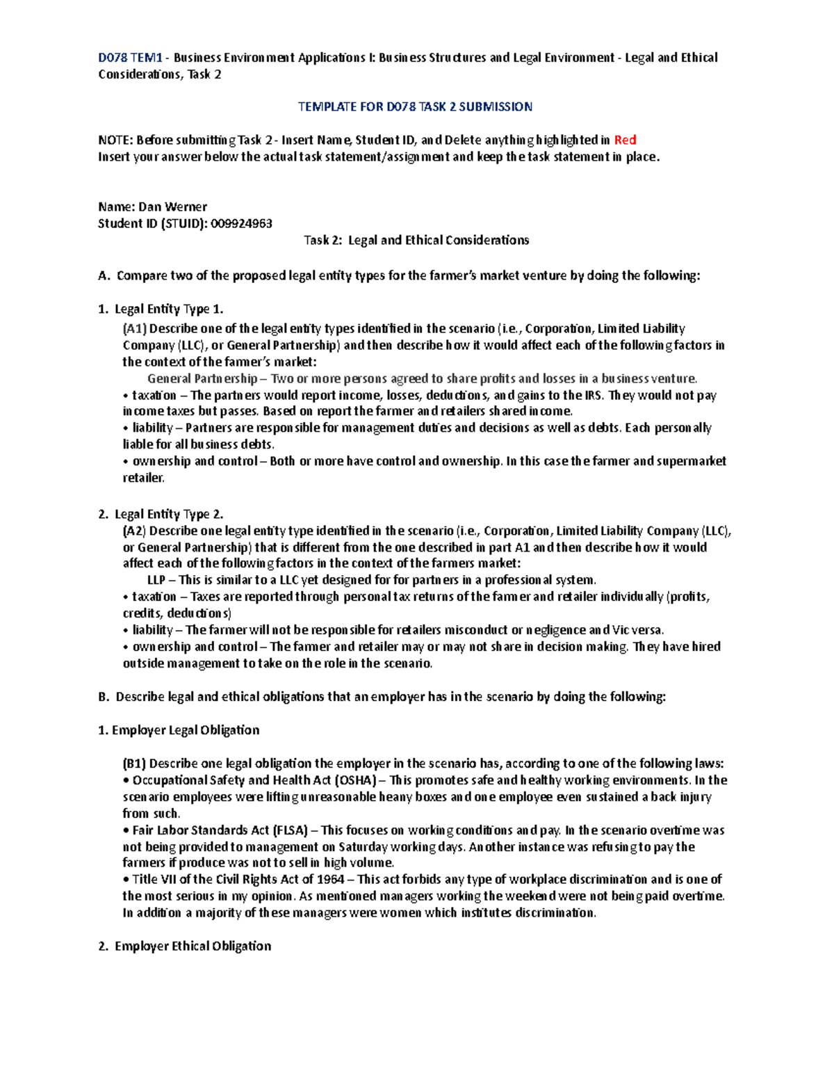 D078 Task 2 - D078 Task 2 - D078 TEM1 - Business Environment Applications I: Business Structures ...