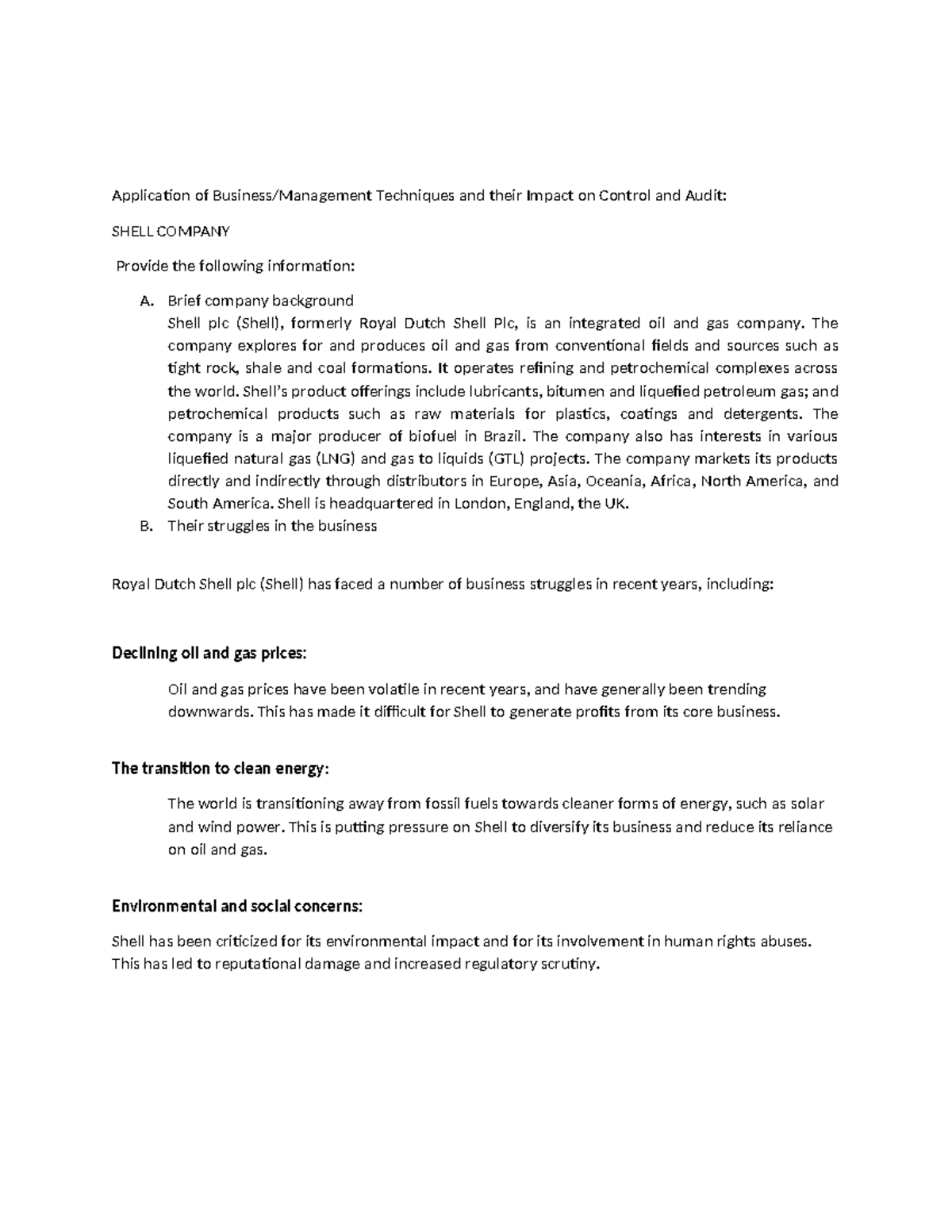 Shell-plc - notes - Application of Business/Management Techniques and ...