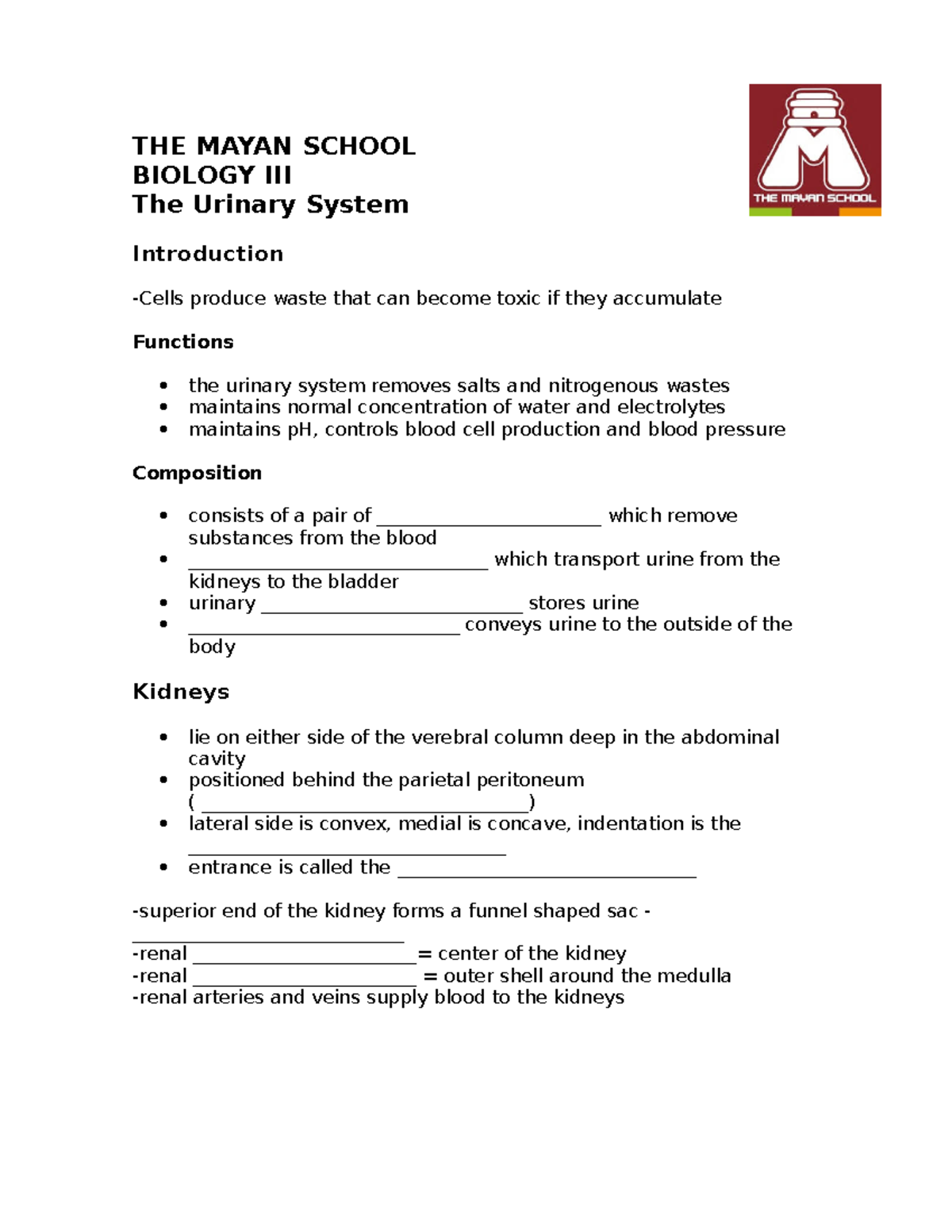 Excfetory System Study guide - THE MAYAN SCHOOL BIOLOGY III The Urinary ...