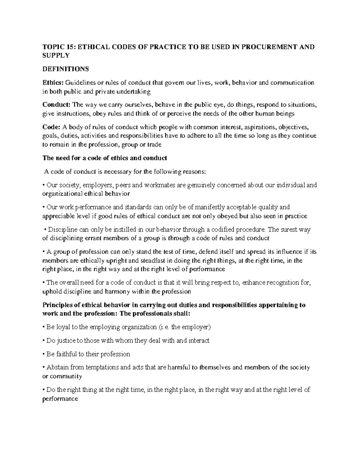 Code of Ethics in Procurement - TOPIC 15: ETHICAL CODES OF PRACTICE TO ...