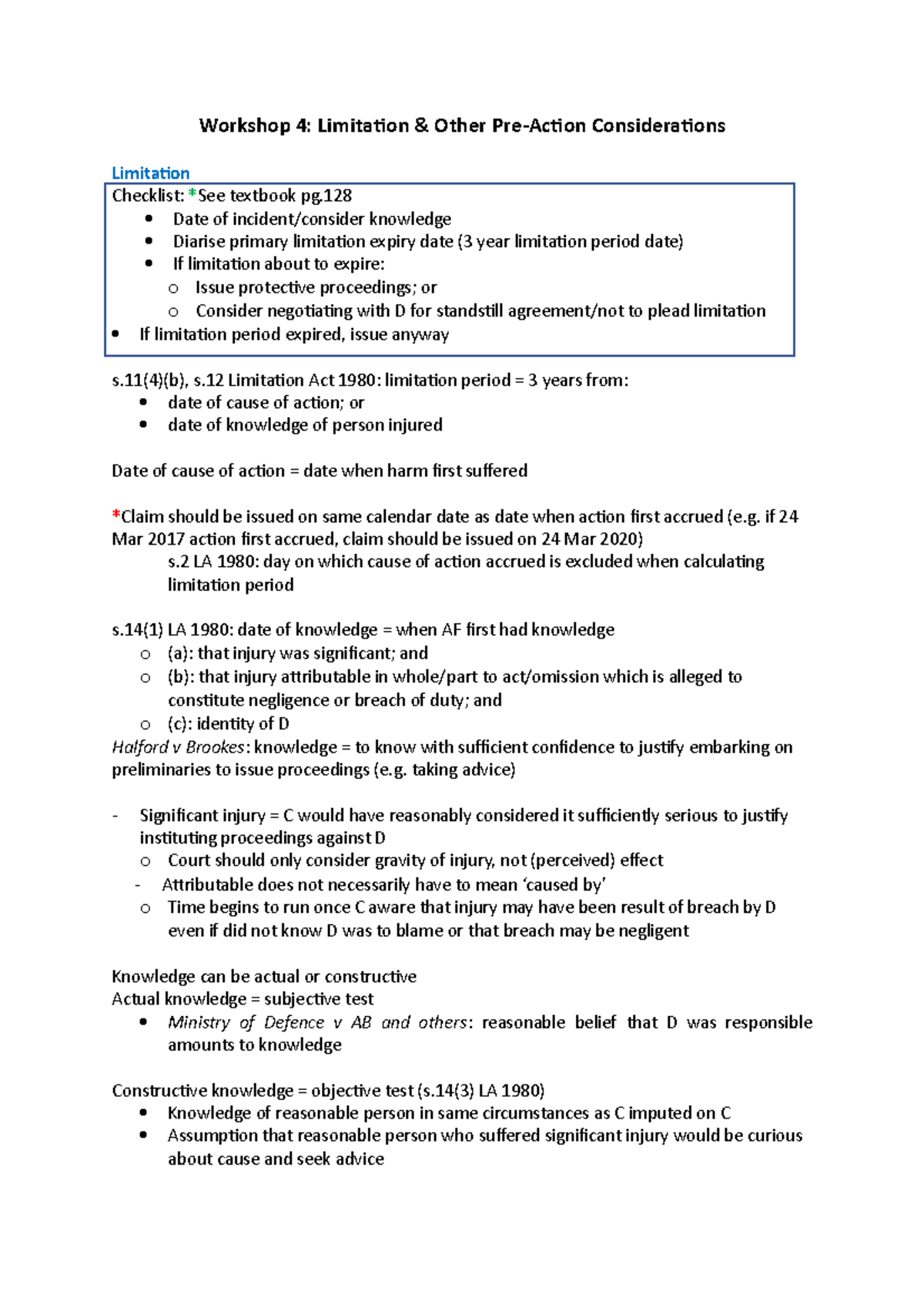 Workshop 4 - Limitation & Pre-Action Considerations - Workshop 4 ...