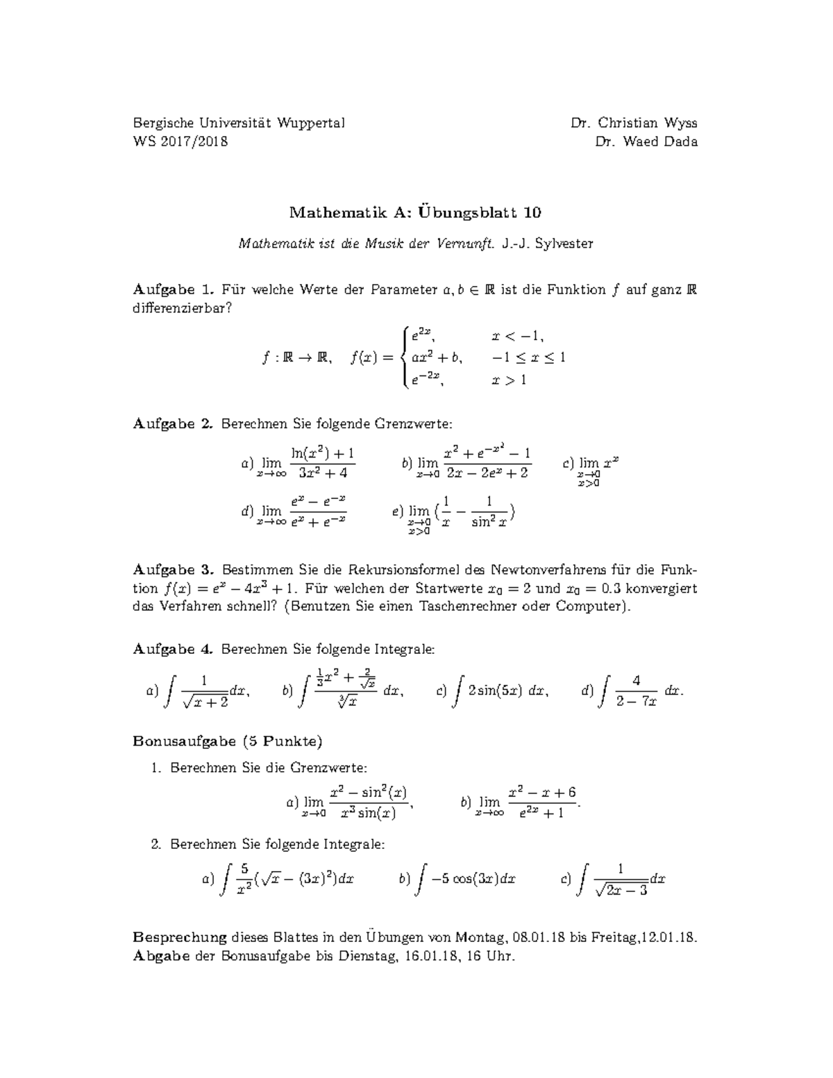 Blatt 10 - Bergische Universit¨ at Wuppertal WS 2017/2018 Dr. Christian ...