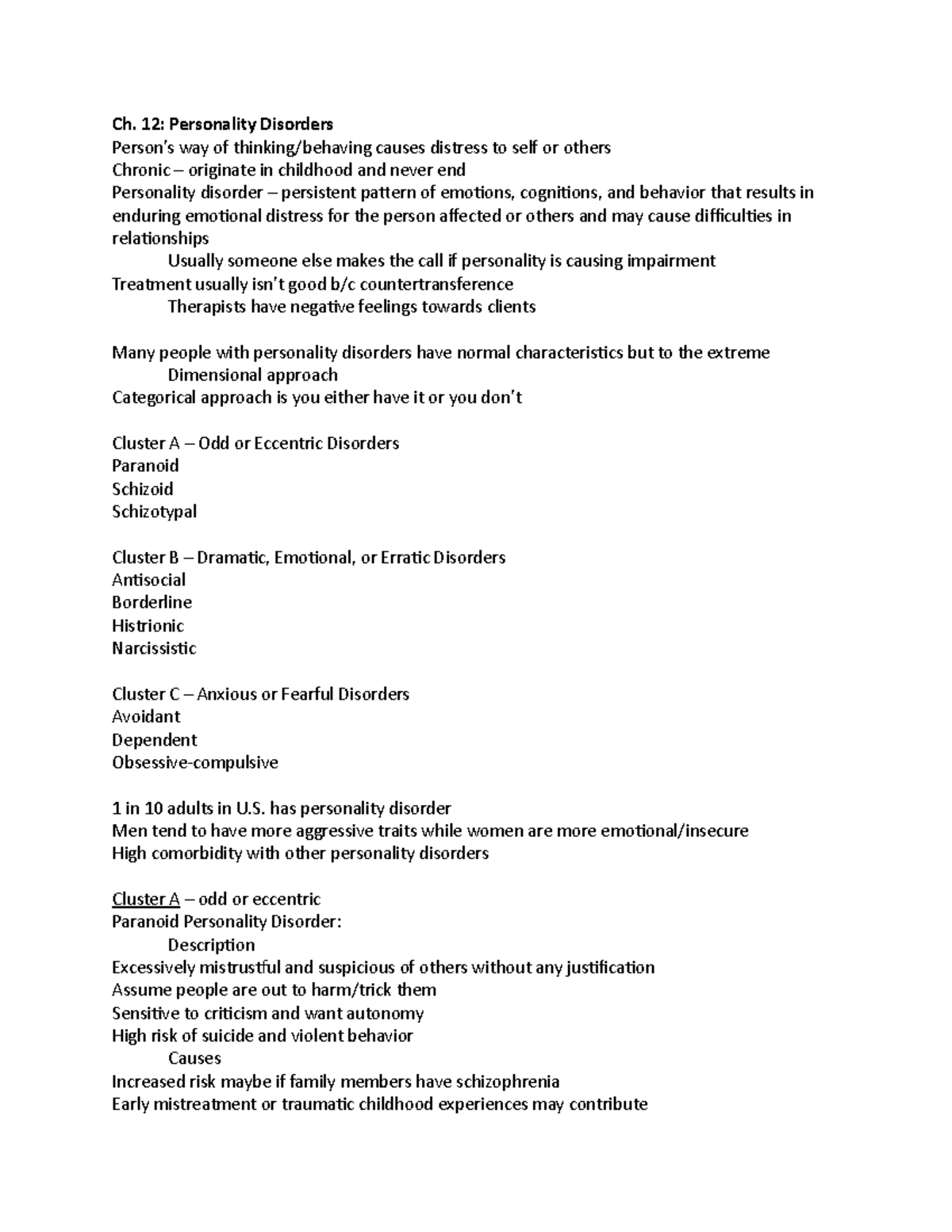 Ch 12 Notes - lecture 12 - Ch. 12: Personality Disorders Person’s way ...