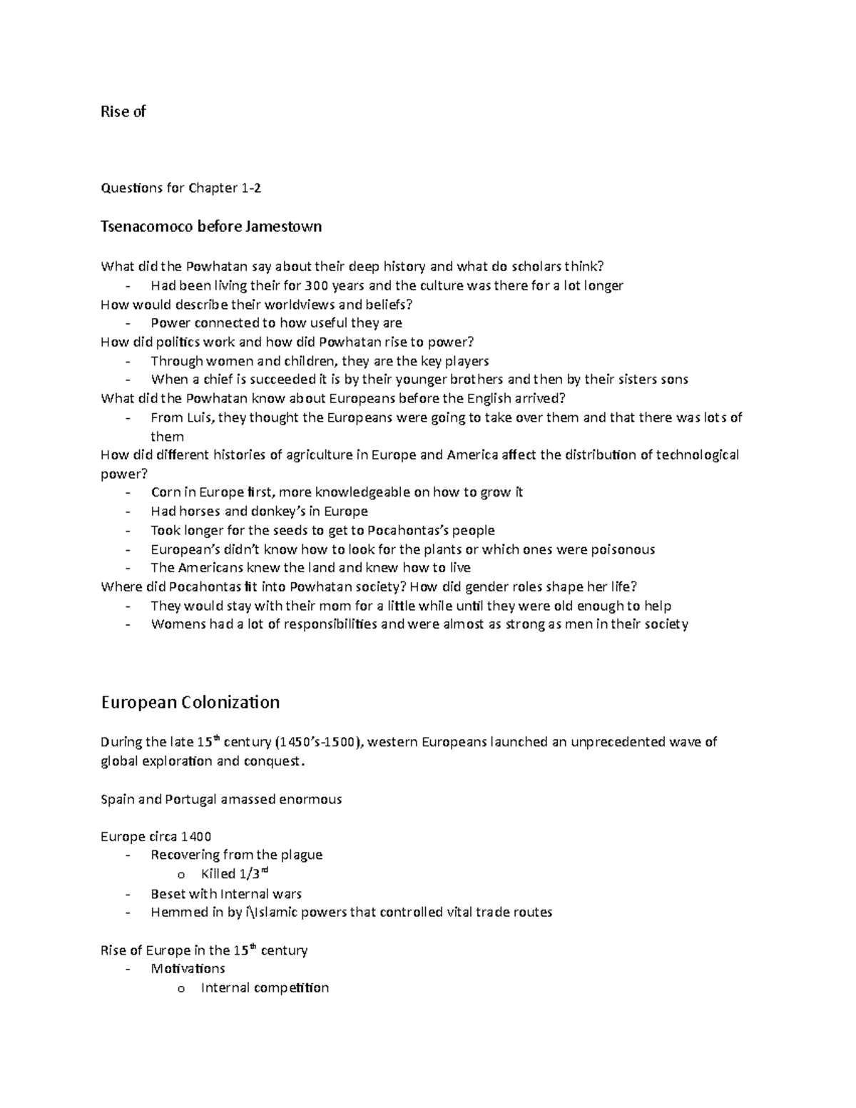 Class Notes copy - Rise of Questions for Chapter 1- Tsenacomoco before ...