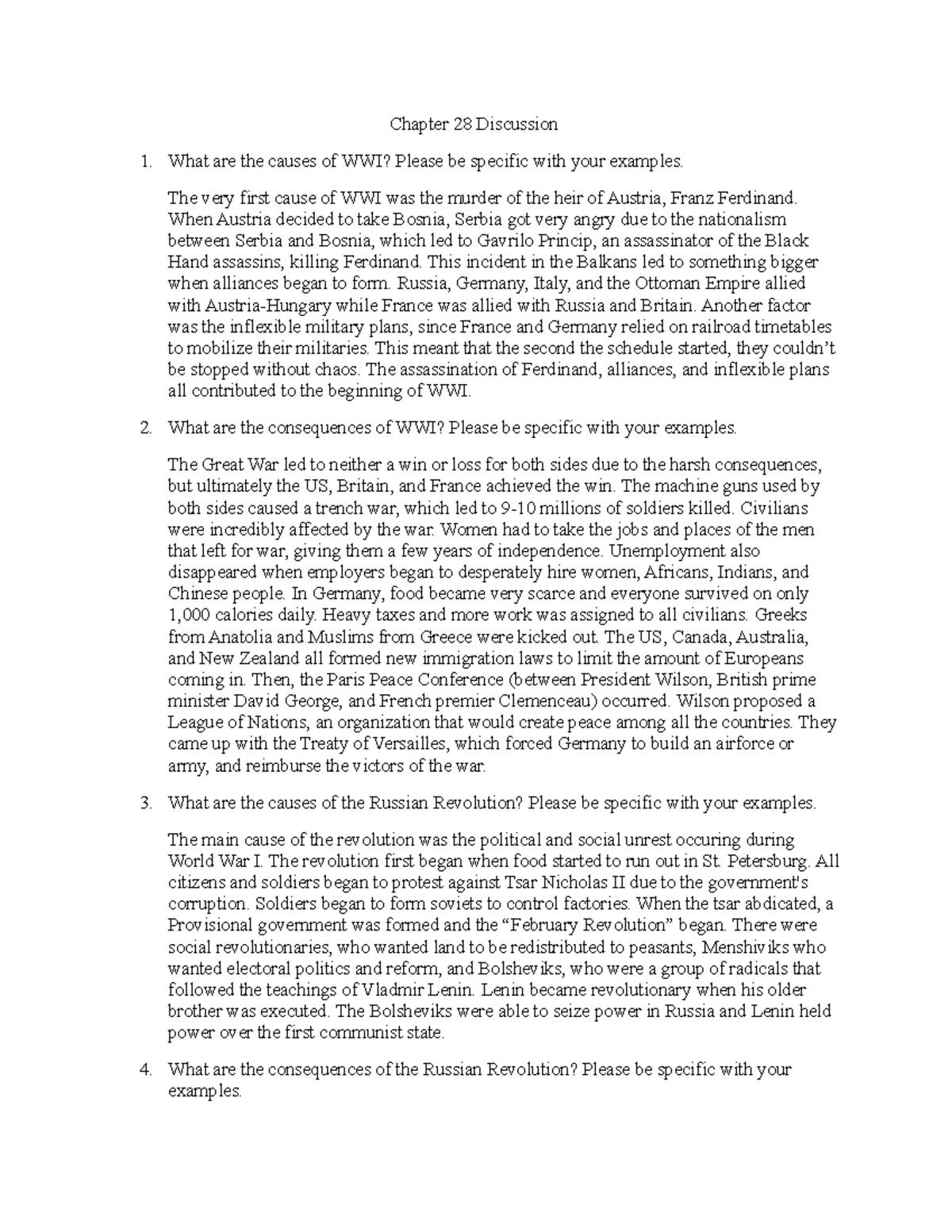 Ch28 discussion - WW1 - Chapter 28 Discussion What are the causes of ...