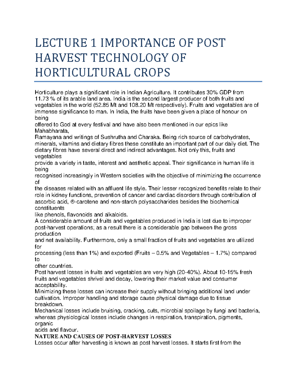 Lecture 1 Importance OF POST Harvest Technology OF - LECTURE 1 ...