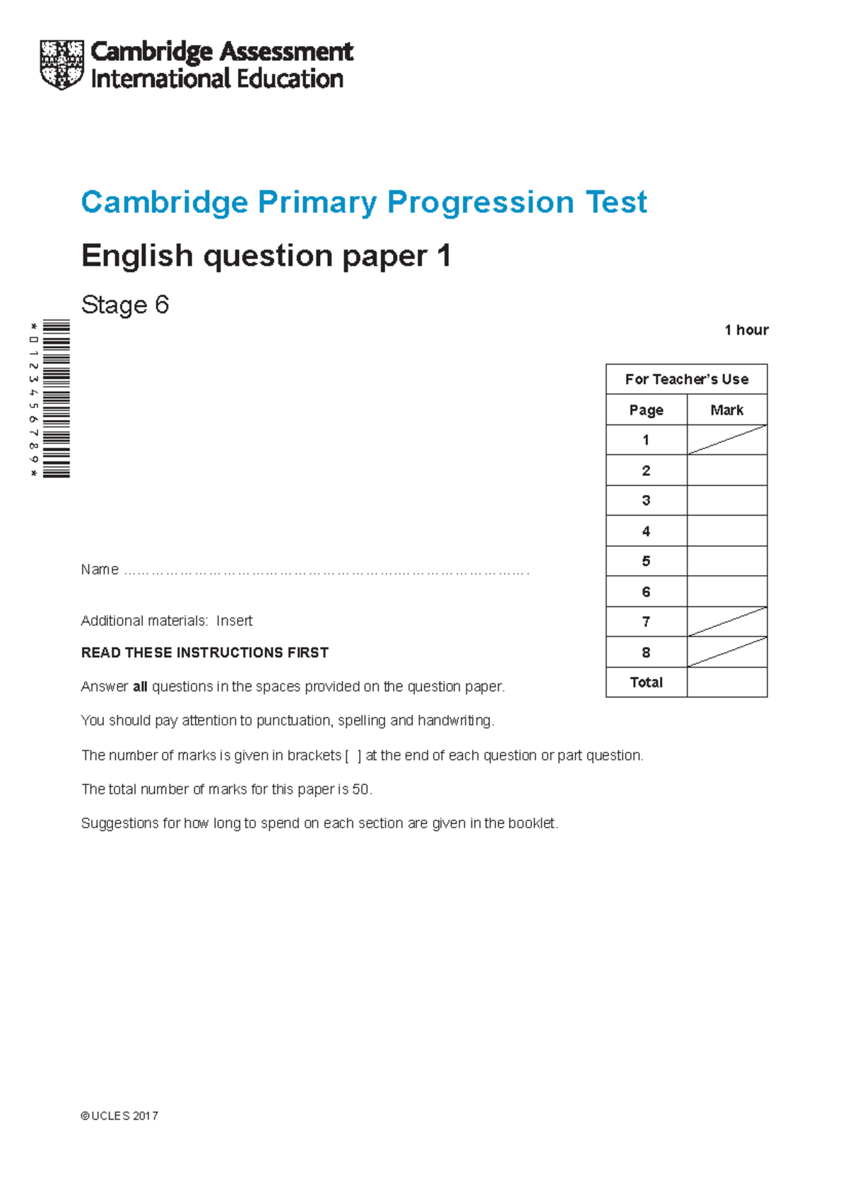 Cambridge Primary Progression Test - 0844 English Stage 6 Paper 1 2017 ...