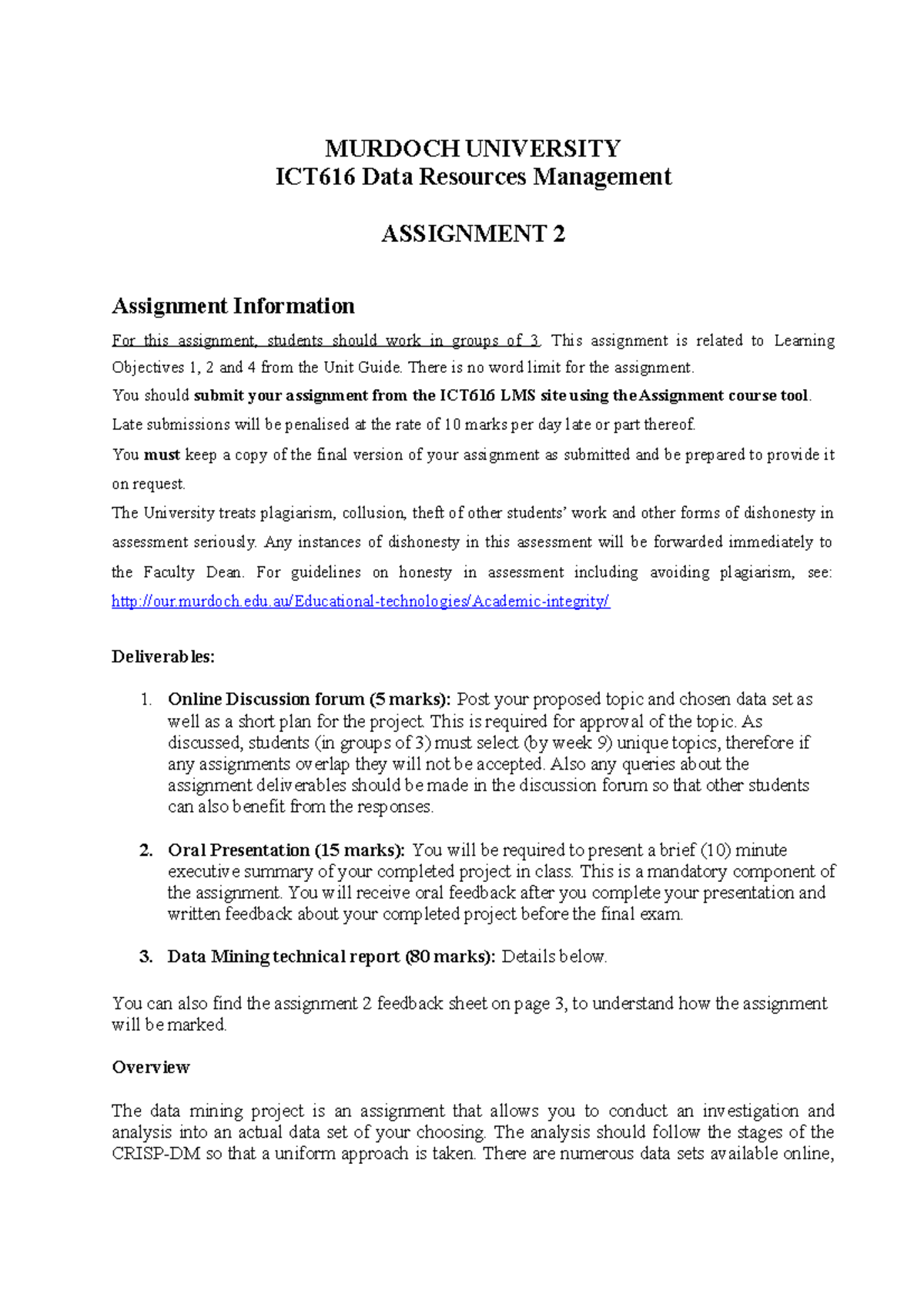 ICT616 Assignment 2 - assignemnt 2 - MURDOCH UNIVERSITY ICT616 Data Resources Management ...