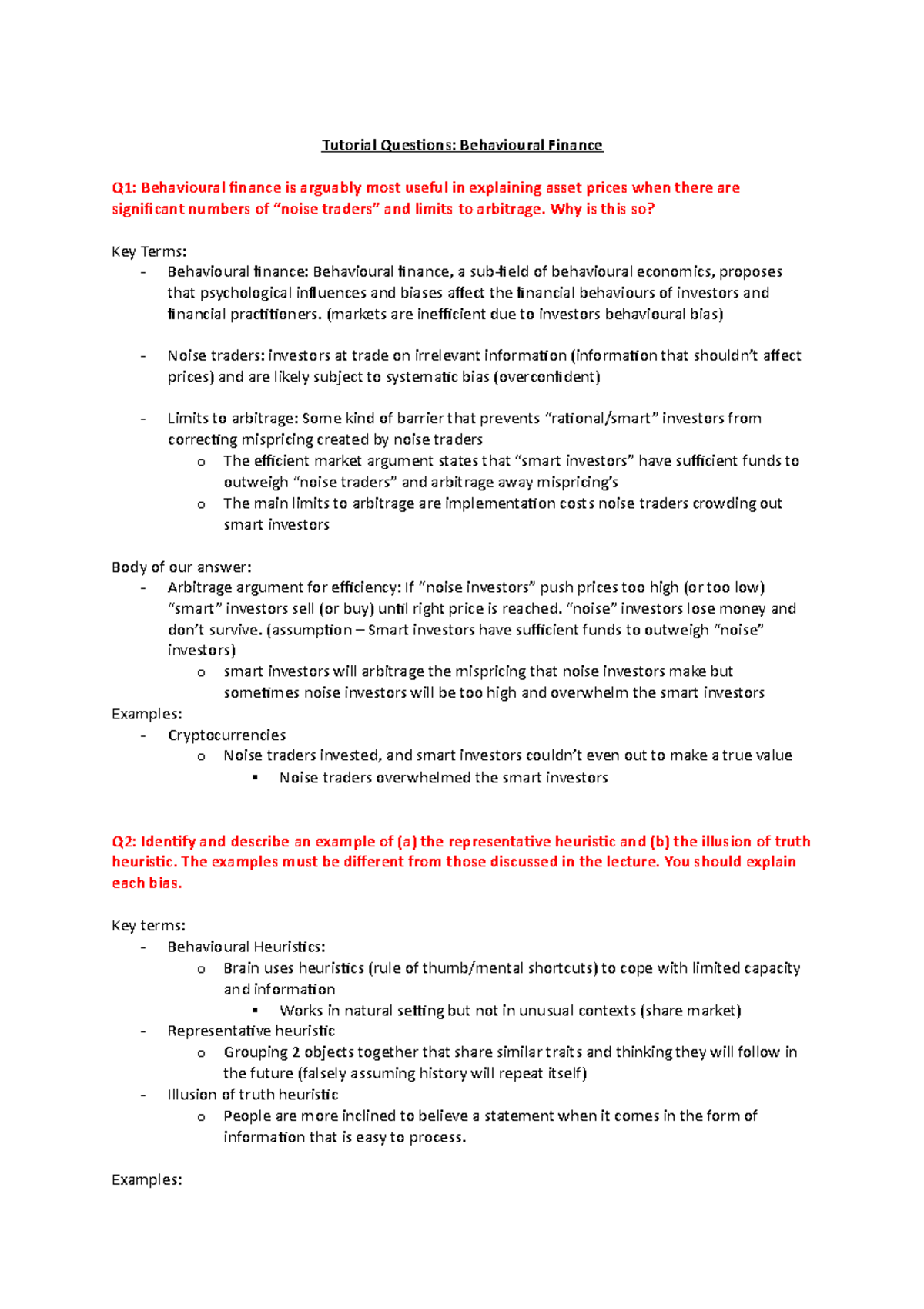 Tutorial Questions- Behavioural Finance - Why is this so? Key Terms ...