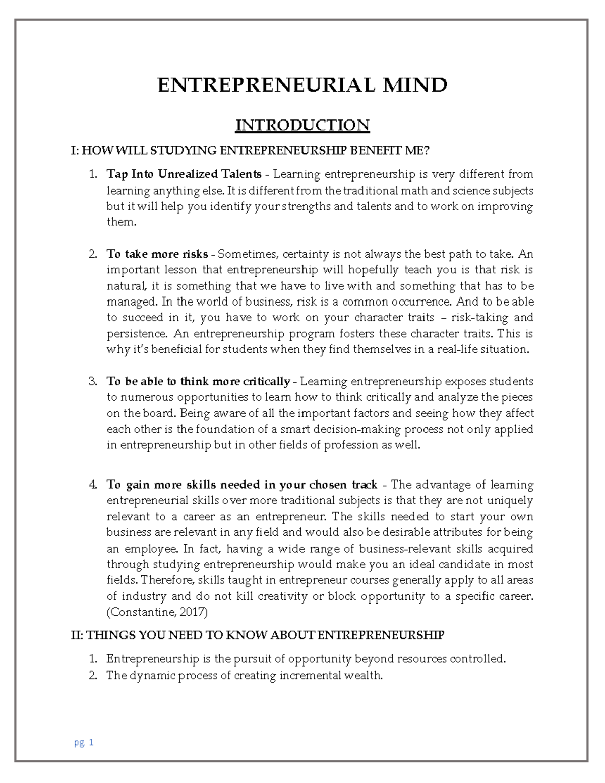 Entrep Mind Topics PDF - Jsjdjdjdj - ENTREPRENEURIAL MIND INTRODUCTION I: HOW WILL STUDYING ...