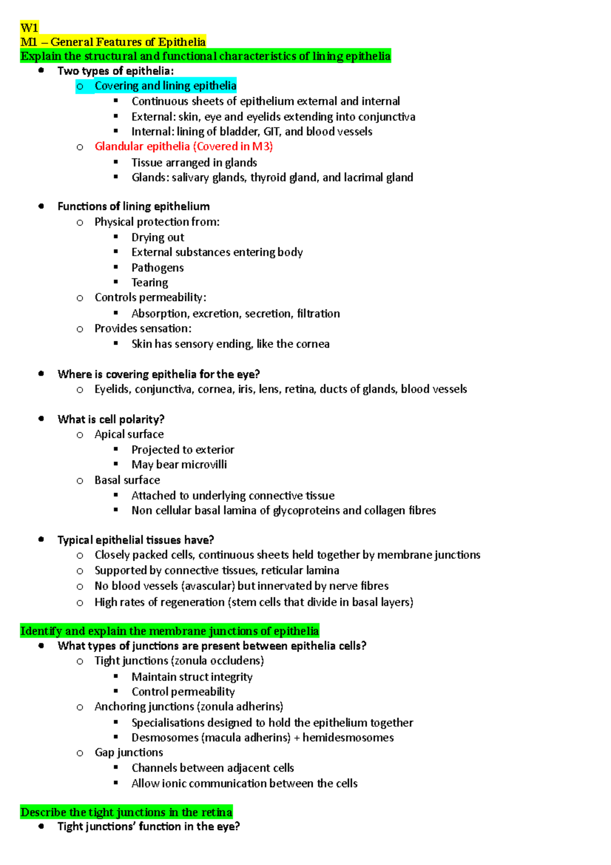 Anatomy SUM (1-6) - W M1 – General Features of Epithelia Explain the ...