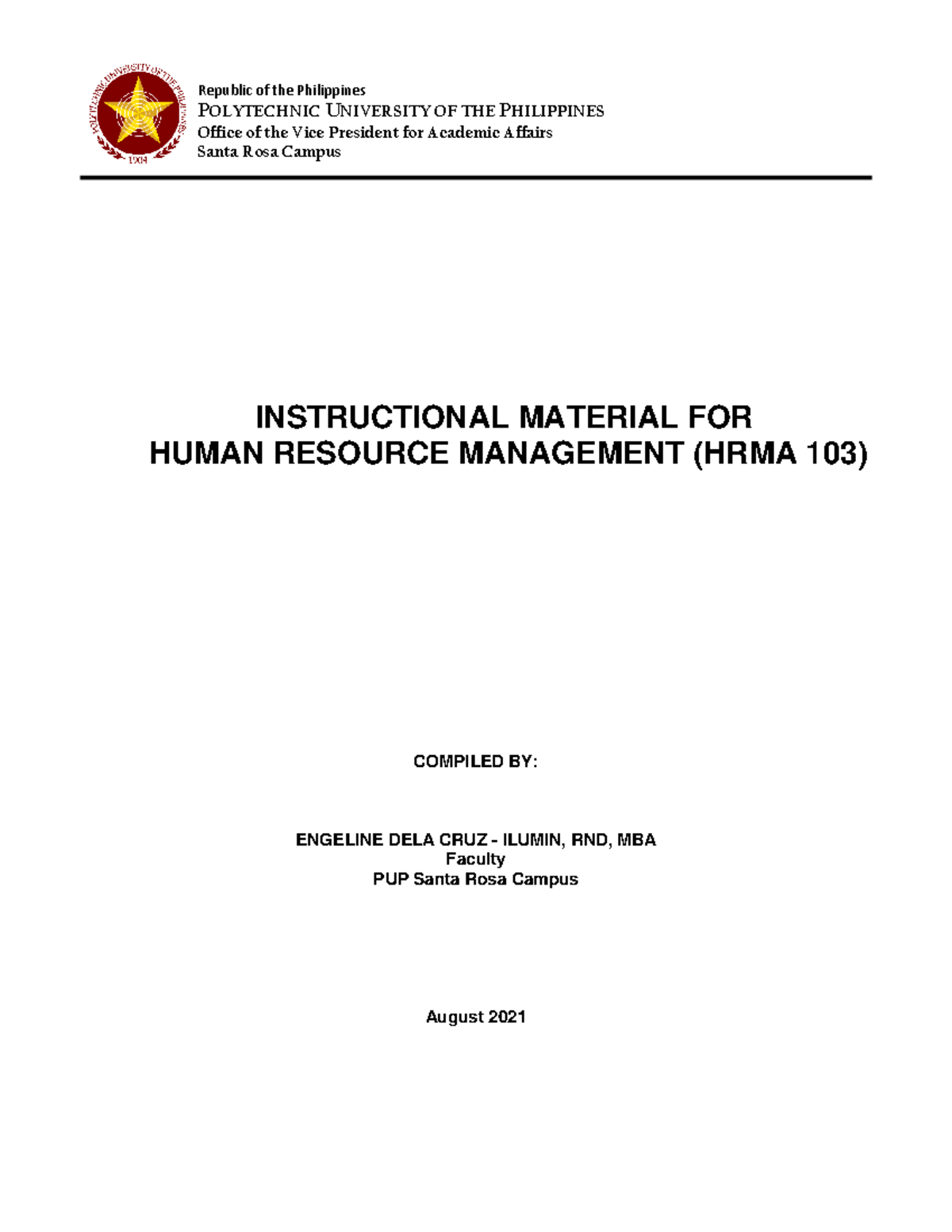 HRMA 103 Human Resource Management IM - INSTRUCTIONAL MATERIAL FOR HUMAN RESOURCE MANAGEMENT ...