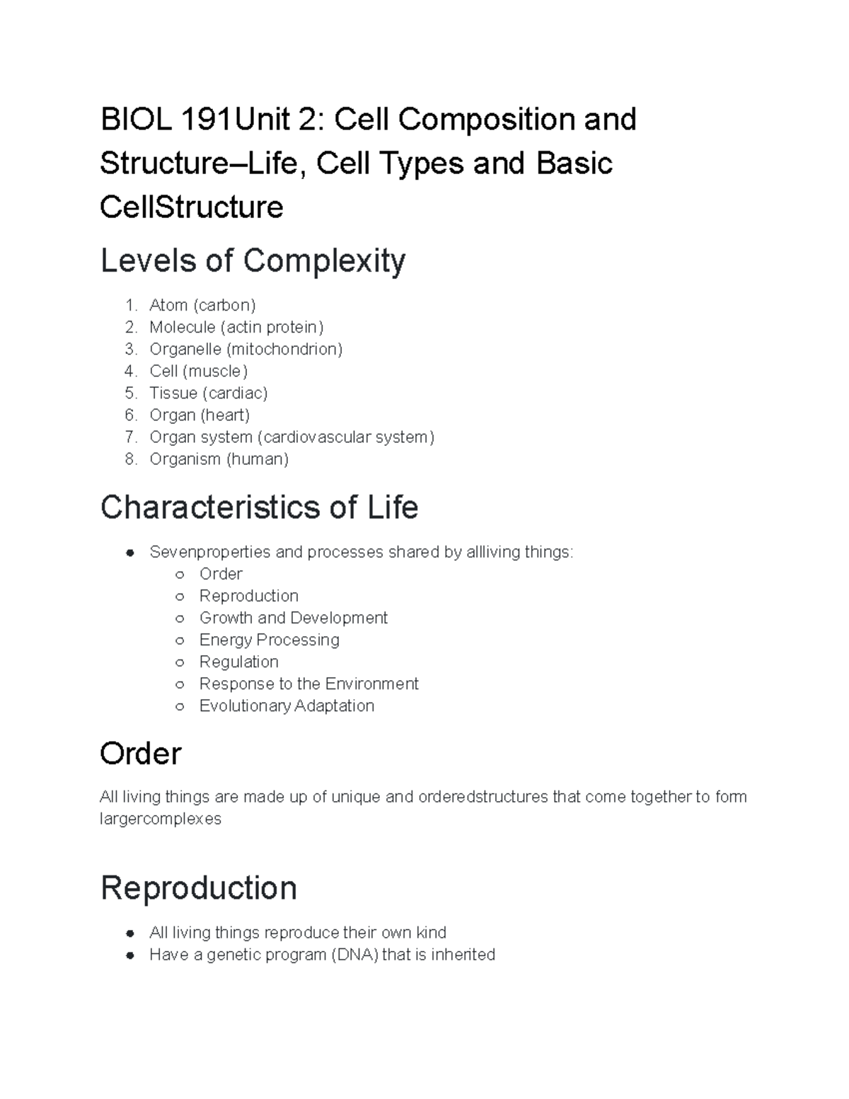 BIOL 191Unit 2 Cell Composition and Structure–Life, Cell Types and ...