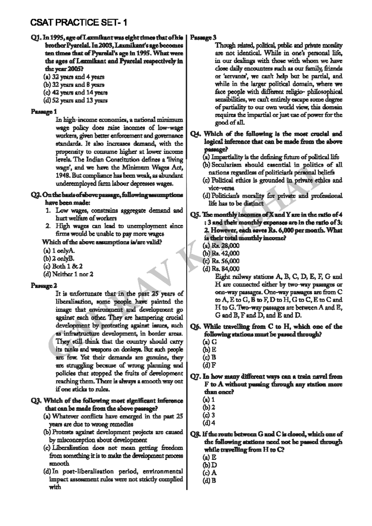 CSAT Practice SET 1 - CSAT PRACTICE 1 Q1. In 1995, age of Laxmikant was ...