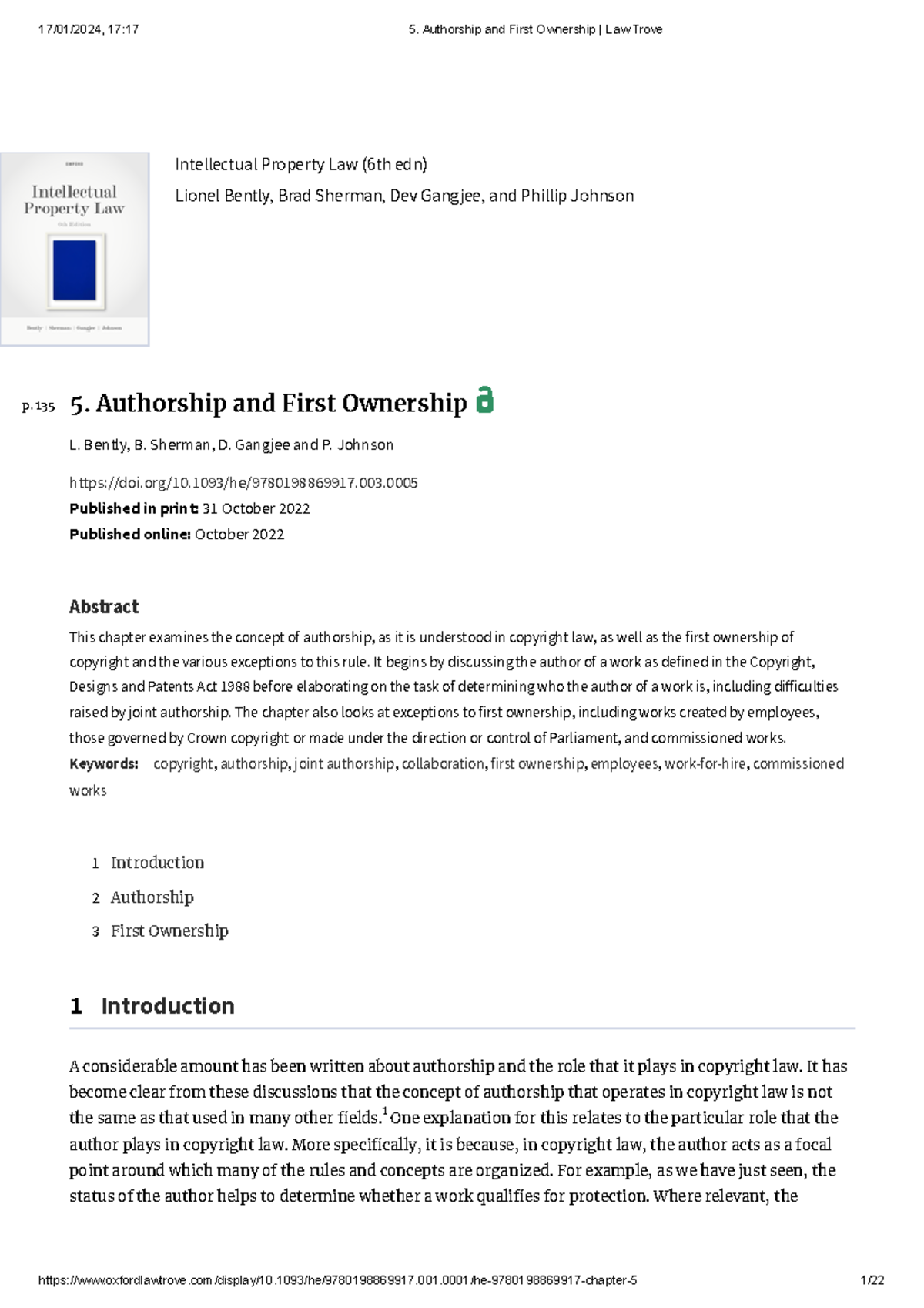 5. Authorship and First Ownership Law Trove - Intellectual Property Law (6th edn) Lionel Bently ...