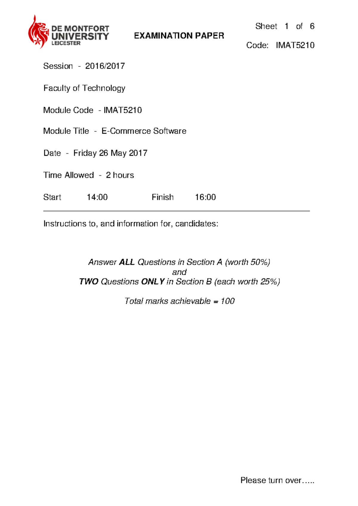 IMAT5210 2017 Exam - Sheet 1 of 6 EXAMINATION PAPER Code: IMAT Please ...