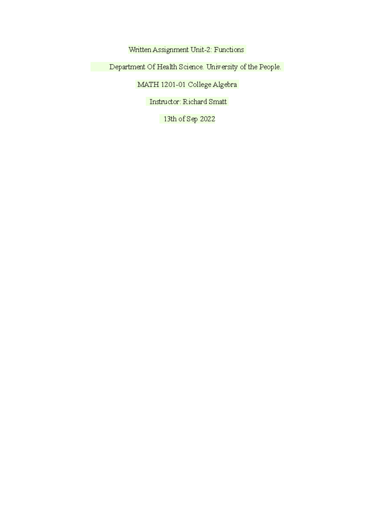 Written algebra 7 - Written Assignment Unit-2: Functions Department Of ...