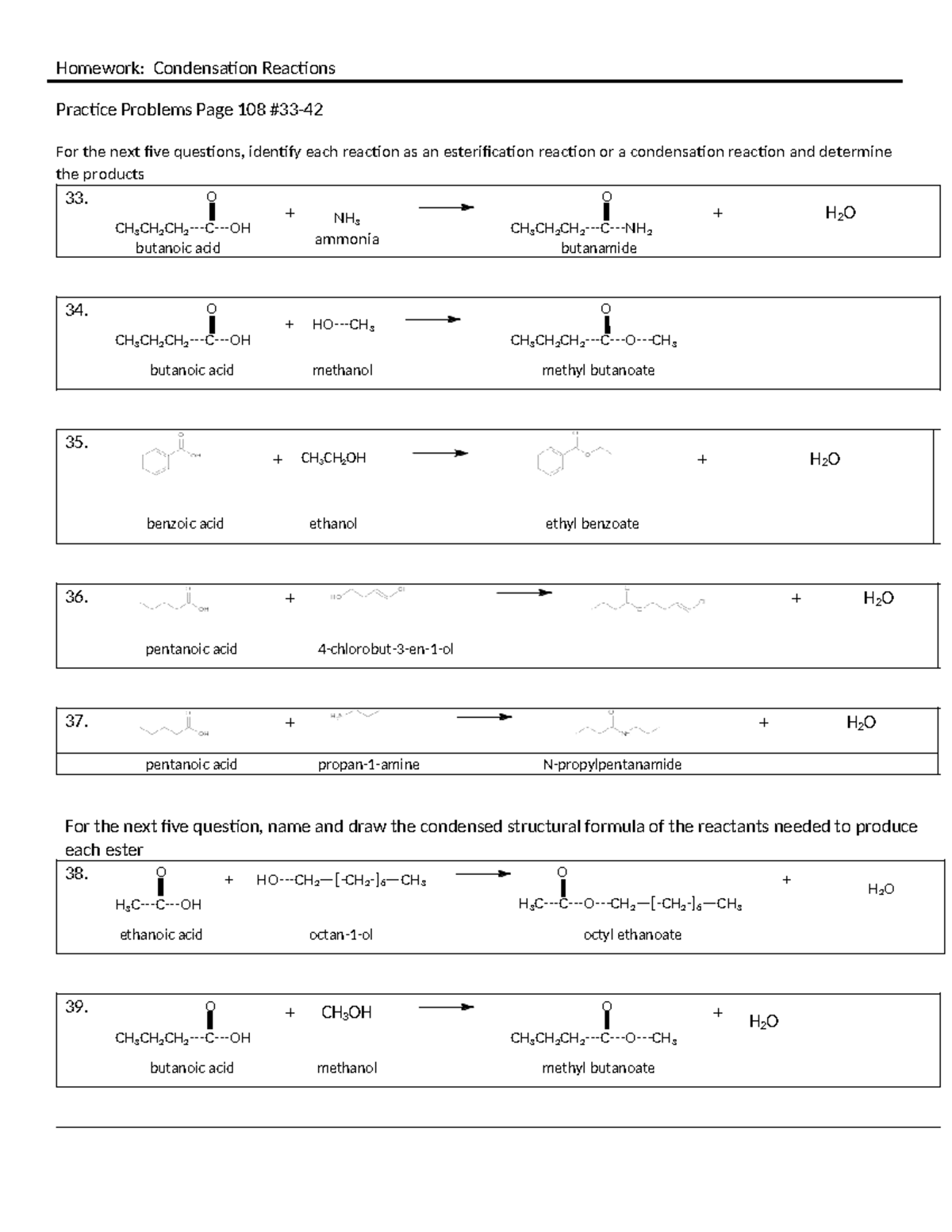 Answers - condensation reactions - Homework: Condensation Reactions ...