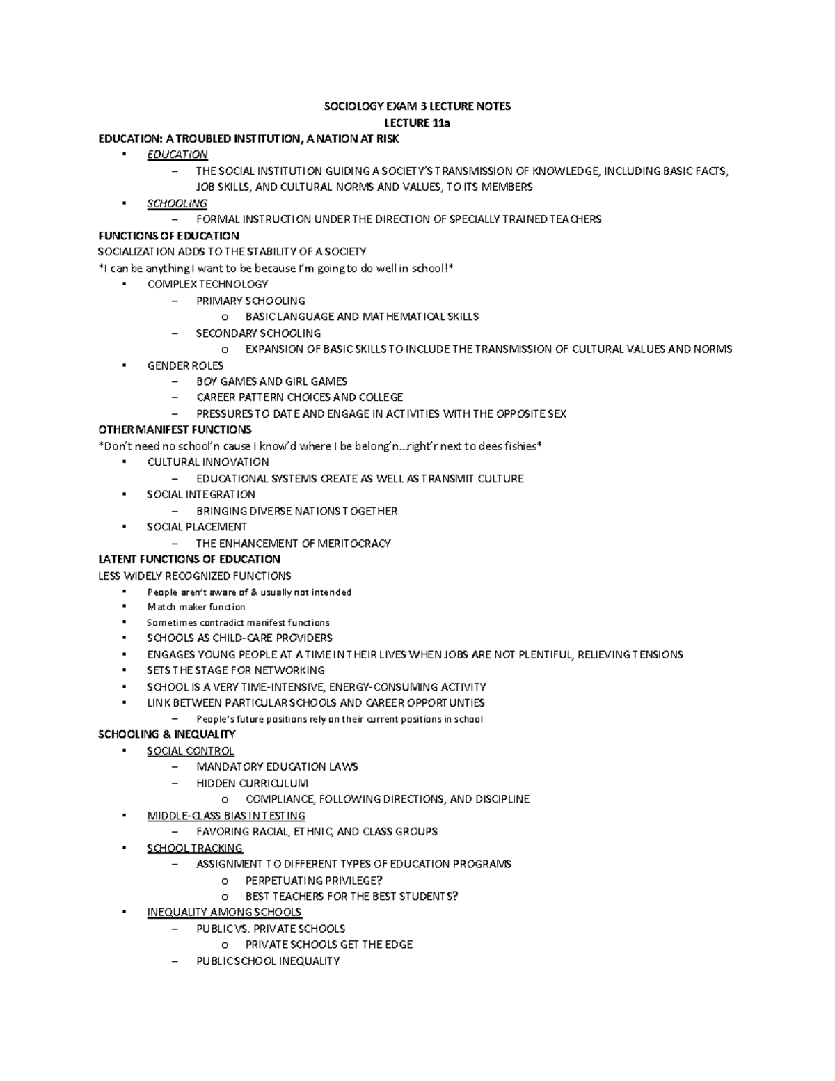 SOC 101 lecture notes - SOCIOLOGY EXAM 3 LECTURE NOTES LECTURE 11a ...