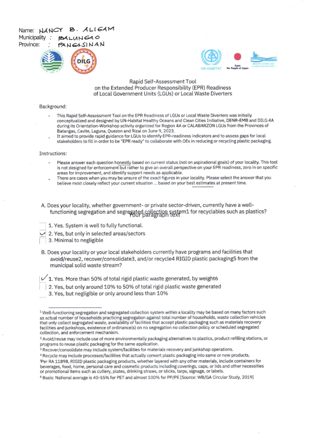 Rapid Self Assessment Tool on EPR LGU-Balungao - Name: NANCY B. ALIGAM ...