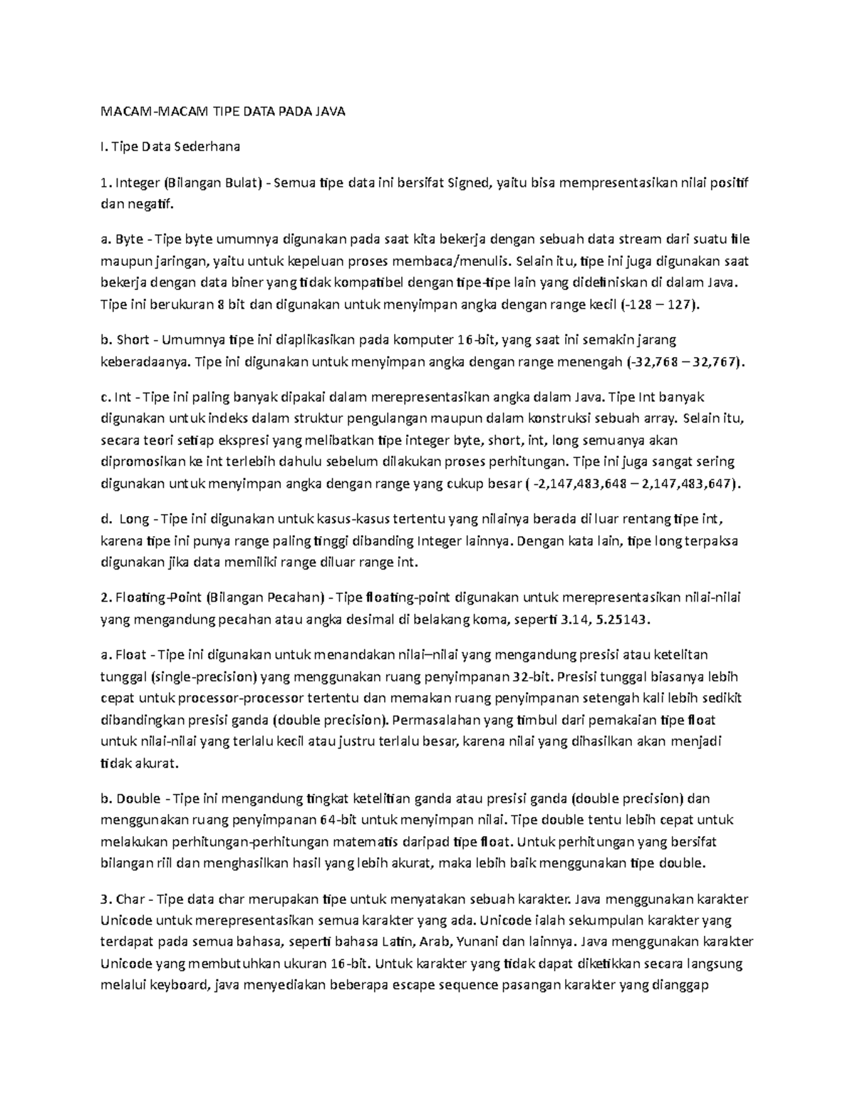 Alprog Challenge - MACAM-MACAM TIPE DATA PADA JAVA I. Tipe Data ...