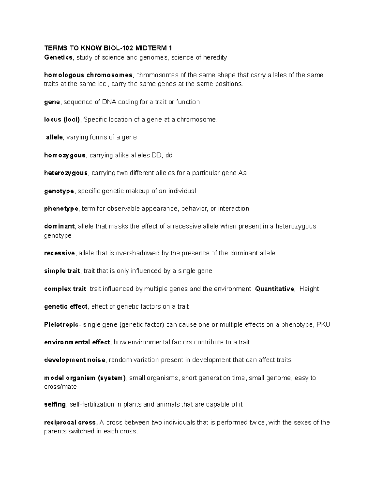 Terms TO KNOW BIOL-102 Midterm 1 - TERMS TO KNOW BIOL-102 MIDTERM 1 Genetics, study of science ...