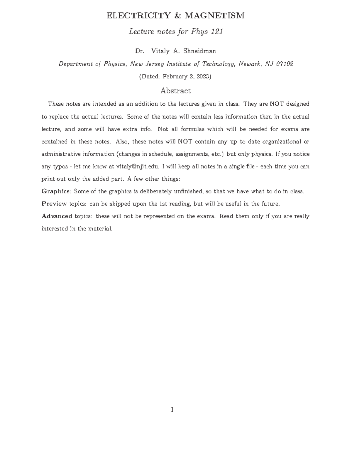 Notes 121 - ELECTRICITY & MAGNETISM Lecture notes for Phys 121 Dr ...