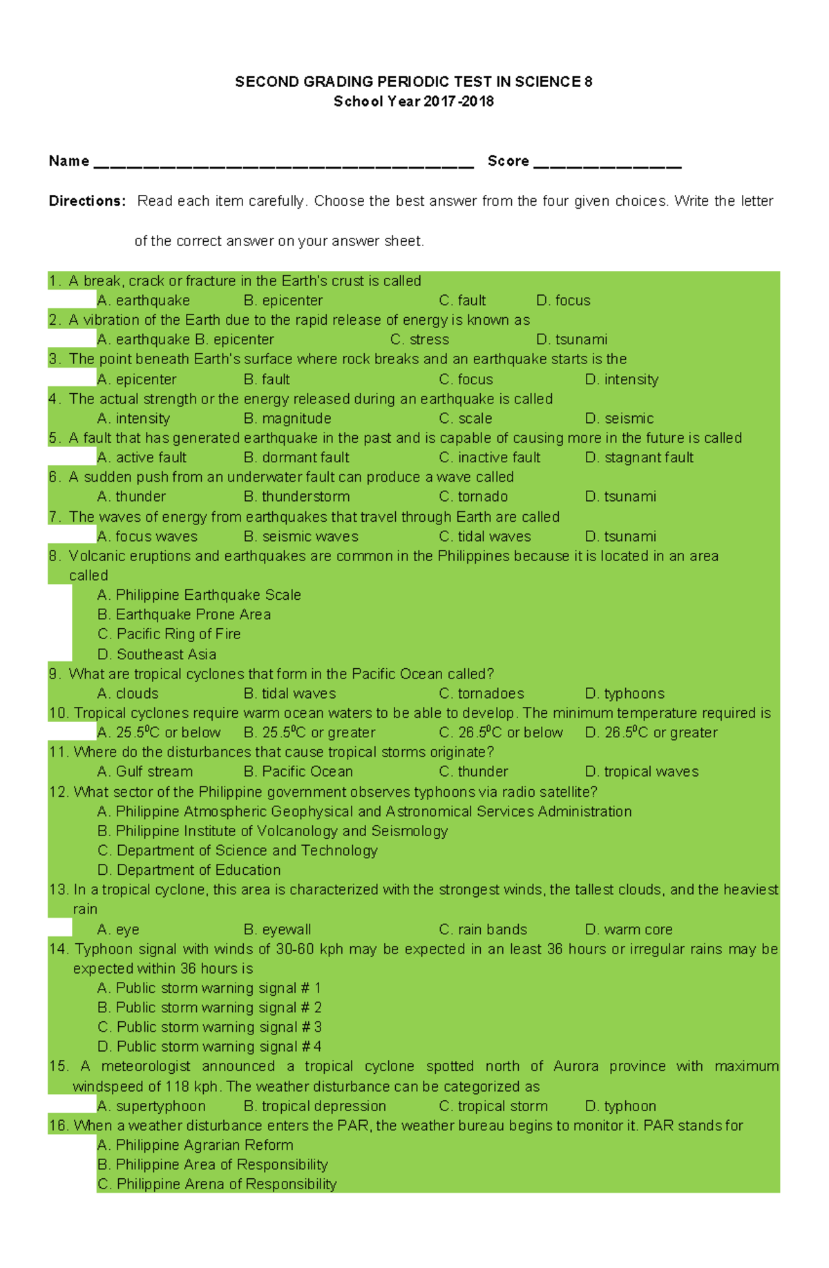 Second Periodic Test Science G8 17 18 - SECOND GRADING PERIODIC TEST IN ...