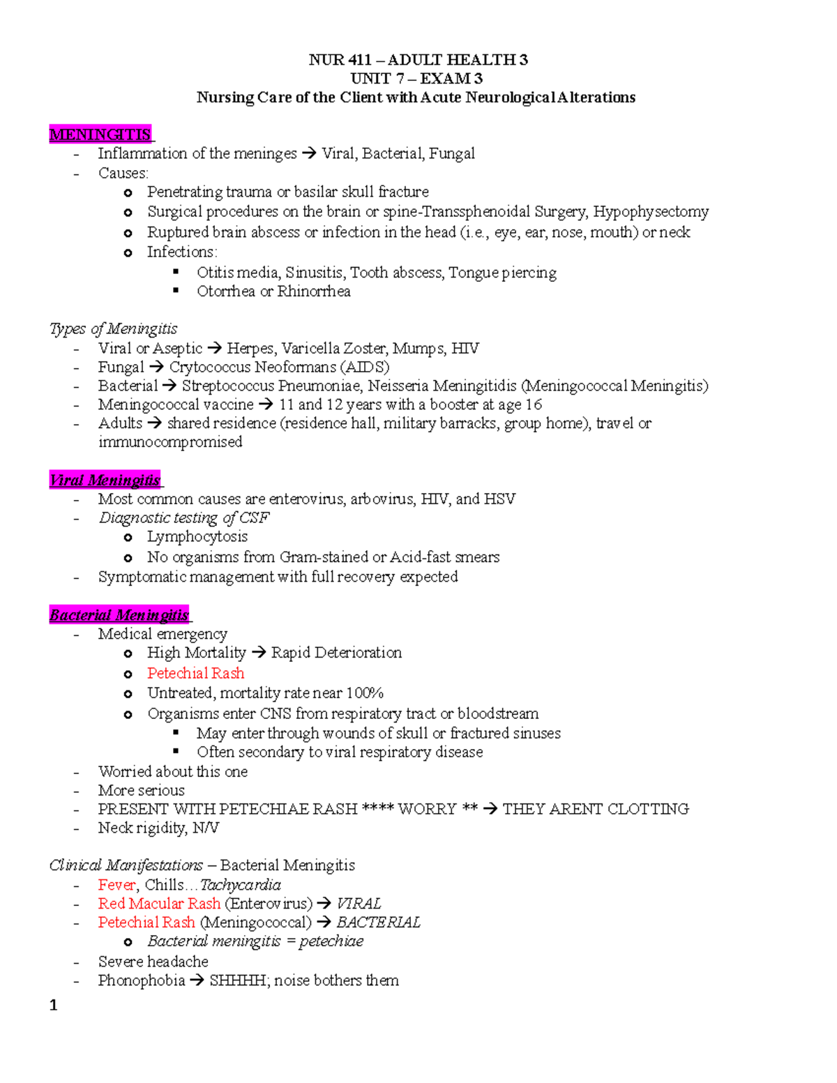 Neuro ppt notes - NUR 411 – ADULT HEALTH 3 UNIT 7 – EXAM 3 Nursing Care ...